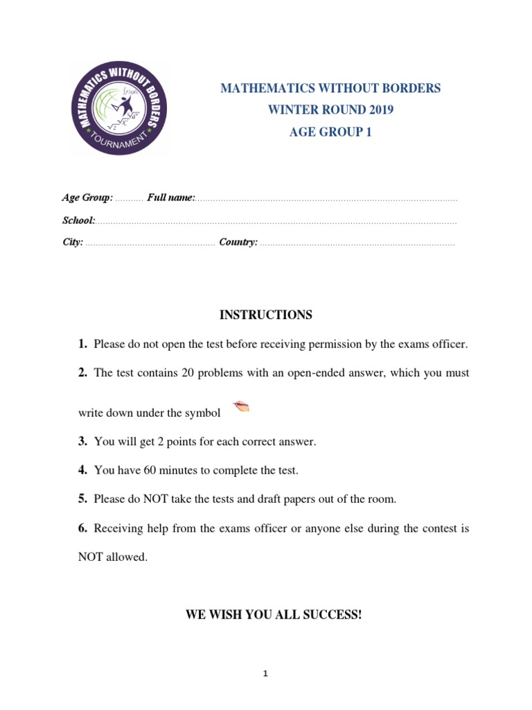 Mathematics Without Borders Winter Round 2019 Age Group 1: Write Down Under The Symbol | PDF ...