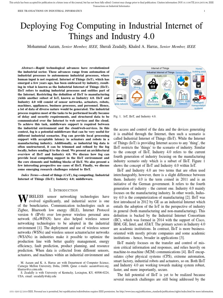 Deploying Fog Computing in Industrial Internet of Things and Industry 4.0 | Download Free PDF ...