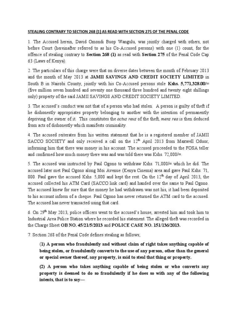 Stealing Contrary To S. 268 (1) As Read With S. 275 F The Penal Code ...