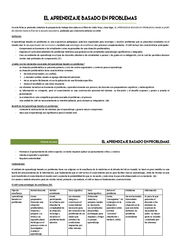 Ficha El Aprendizaje Basado en Problemas | PDF | Aprendizaje | Plan de estudios