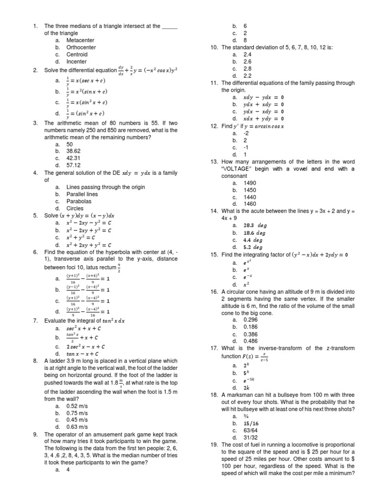 Practice Problems Engi Math University of Mindanao | PDF | Mathematics | Euclidean Geometry