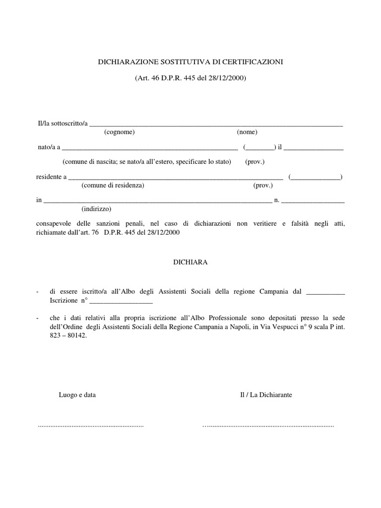 Dichiarazione Sostitutiva Di Certificazioni | PDF