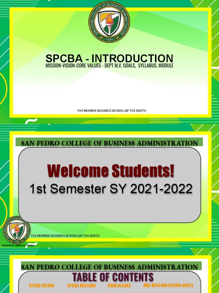 Spcba - Introduction: Mission-Vision-Core Values - Dept M, V, Goals ...