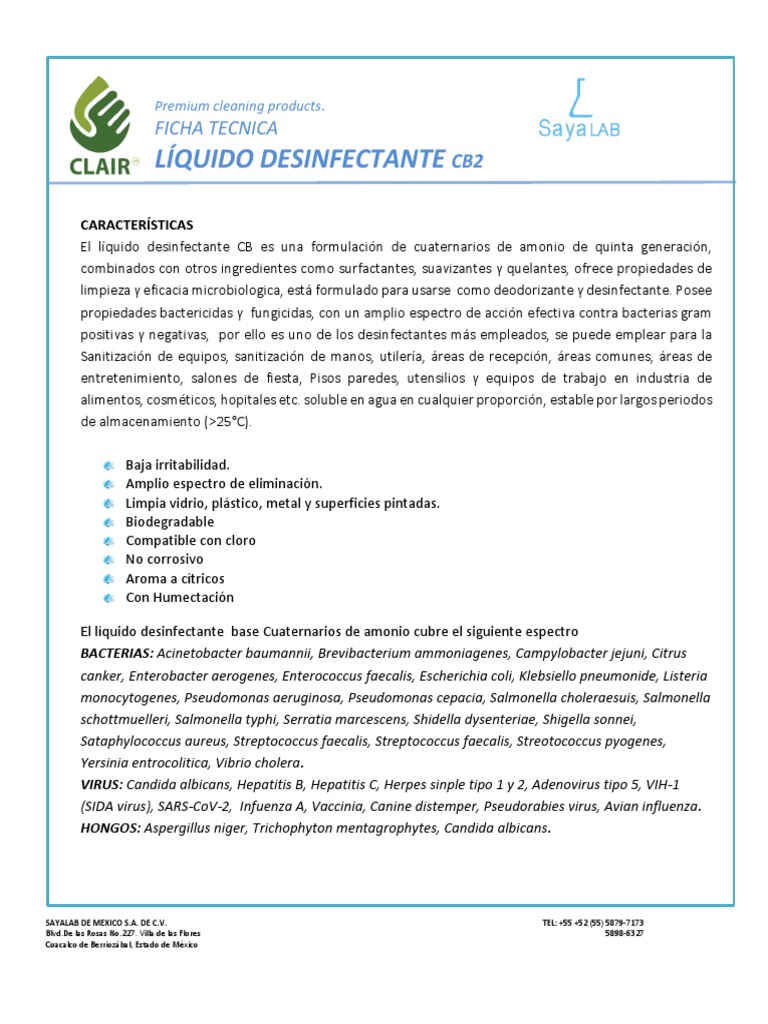Ficha Tecnica Liquido Desinfectante CB2 | PDF | Agua | Química
