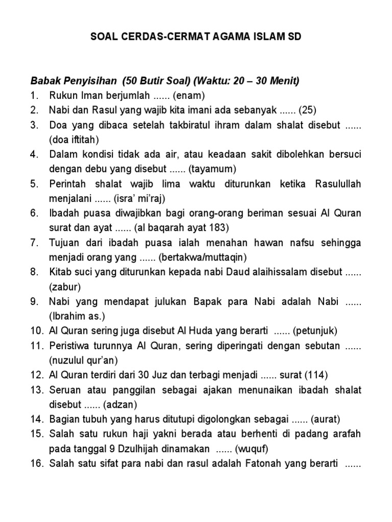 Contoh Soal Cerdas Cermat Agama Islam SD | PDF