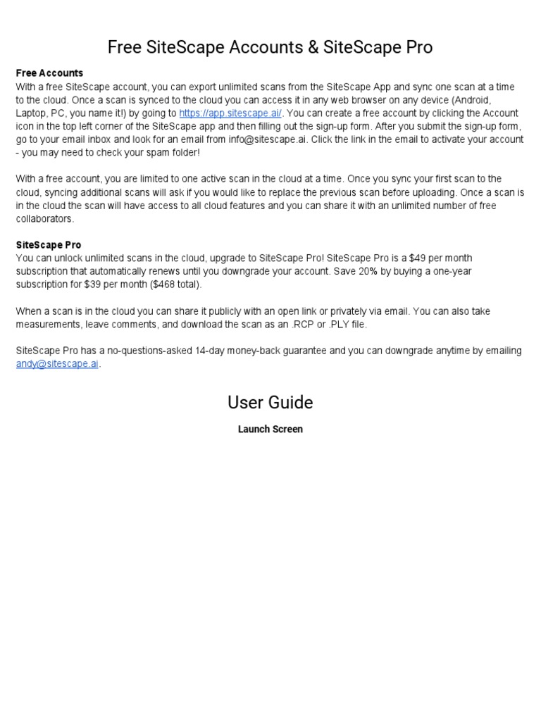 SiteScape Free & Pro Account Guide | PDF | Sketch Up | Cloud Computing