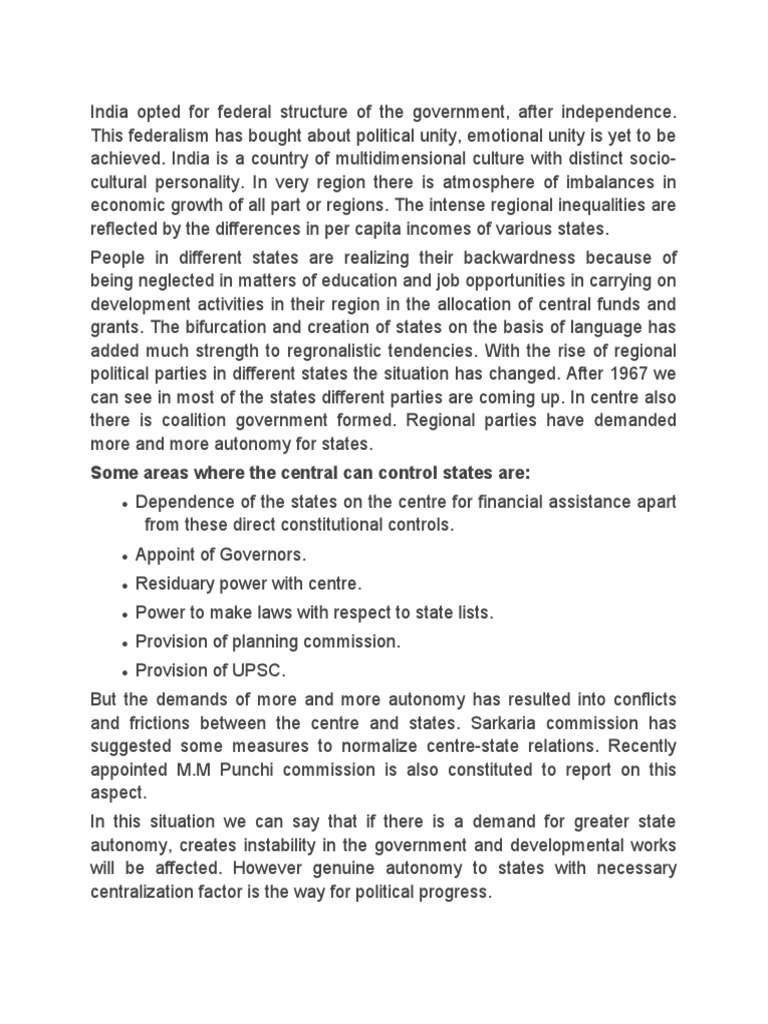 Some Areas Where The Central Can Control States Are | PDF