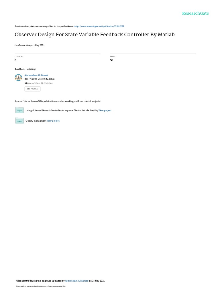 Observer Design For State Variable Feedback Controller by Matlab | PDF ...