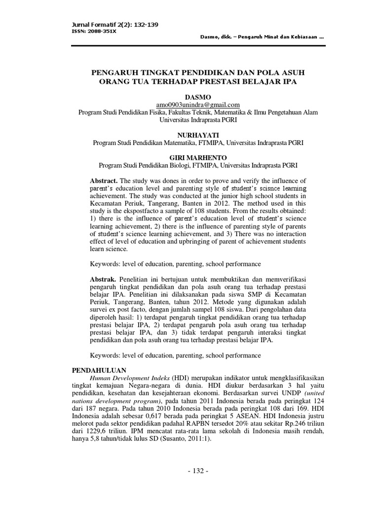 PENGARUH TINGKAT PENDIDIKAN DAN POLA ASUH ORANG TUA TERHADAP PRESTASI BELAJAR IPA SISWA SMP DI ...
