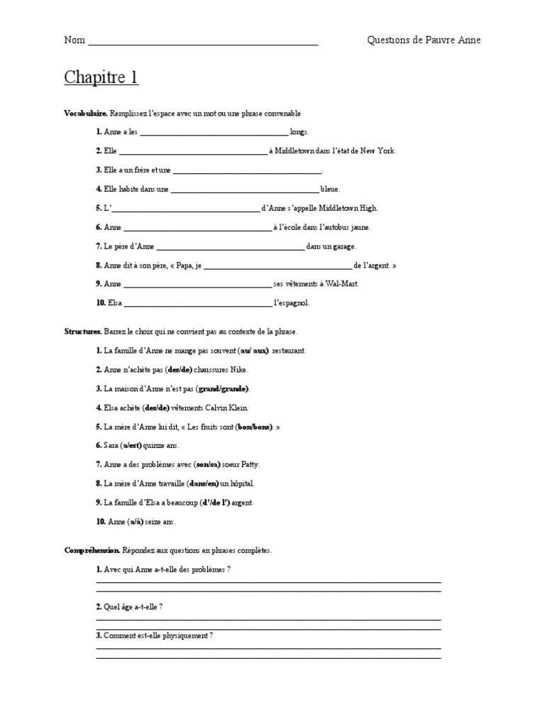 Questions sur Pauvre Anne - Chapitre 1 | PDF | Transport