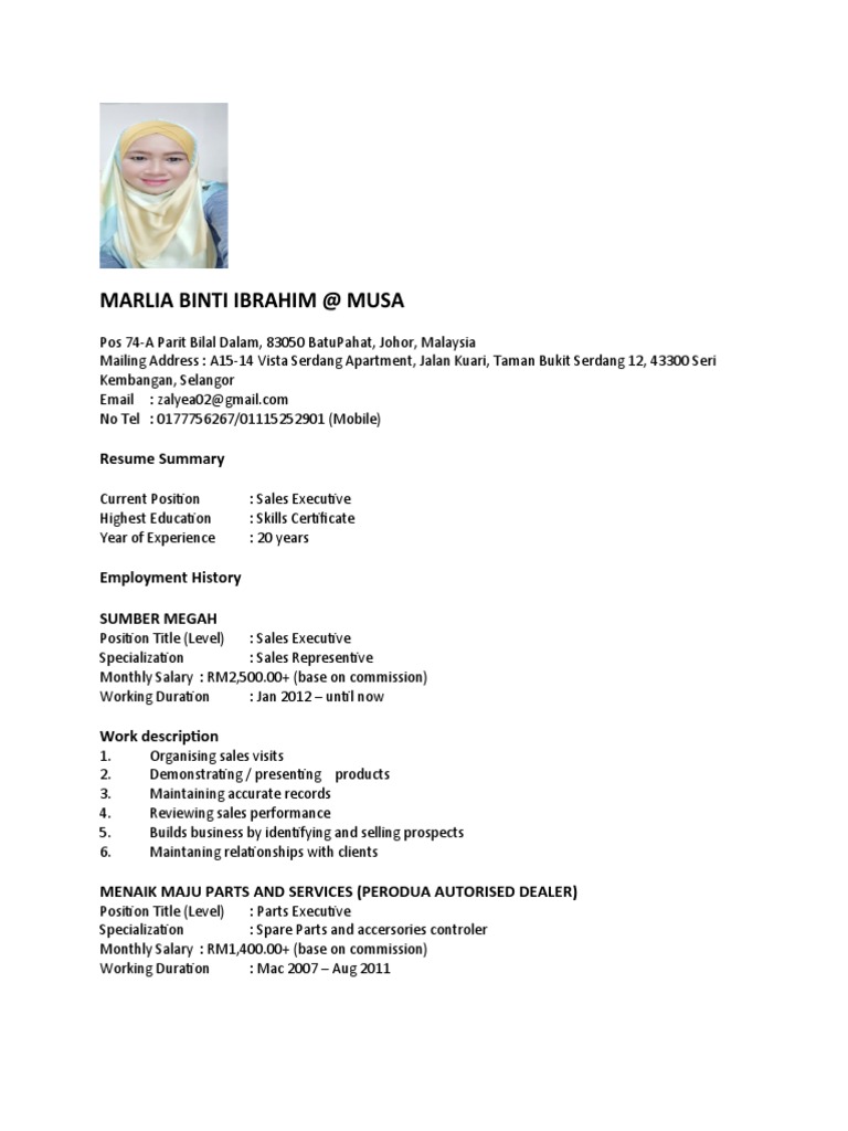 Marlia Binti Ibrahim at Musa: Resume Summary | PDF