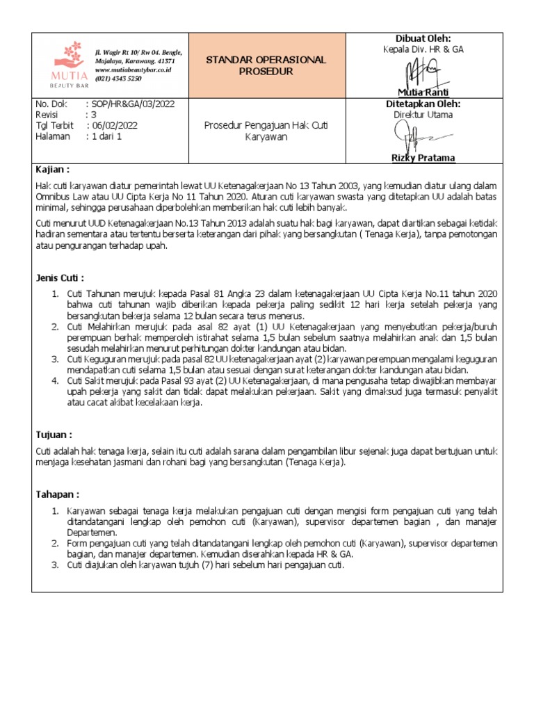 Prosedur Pengajuan Cuti Karyawan | PDF