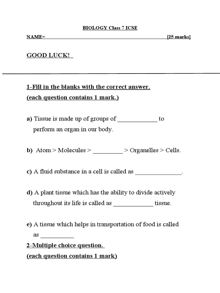 BIOLOGY Class 7 ICSE | PDF | Tissue (Biology) | Zoology