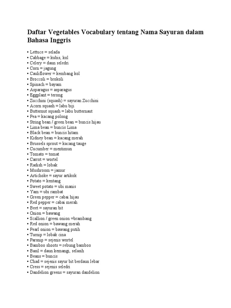 100 Nama Sayuran dalam Bahasa Inggris | PDF | Cuisine | Crops