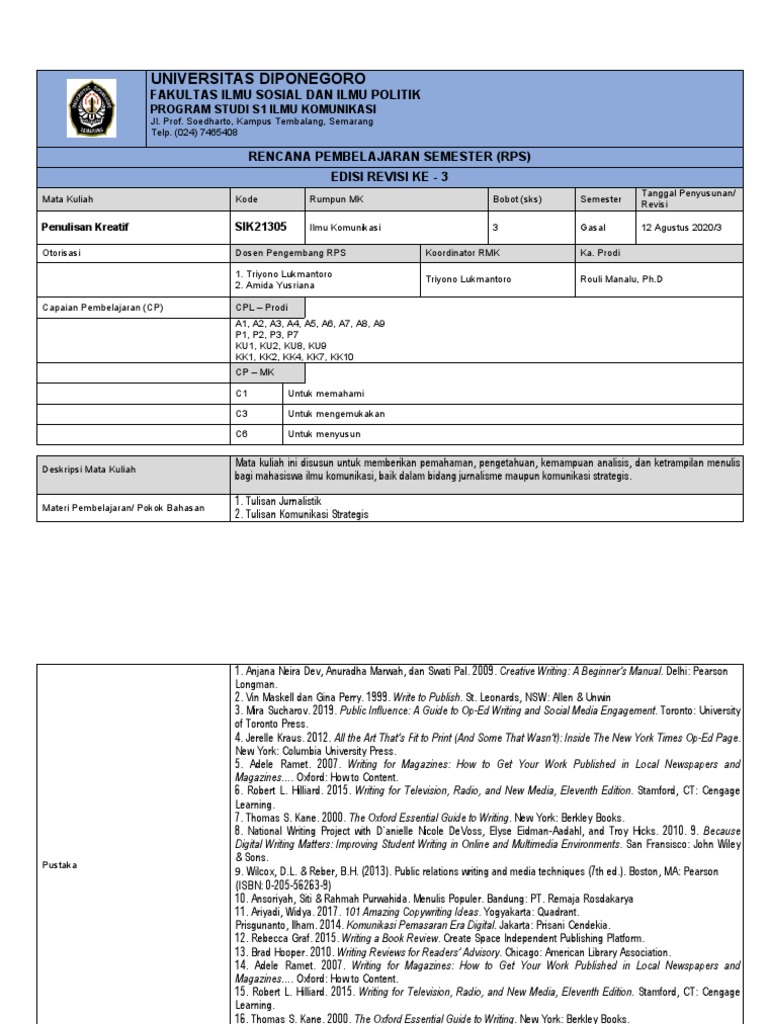 RPS Mata Kuliah Penulisan Kreatif | PDF