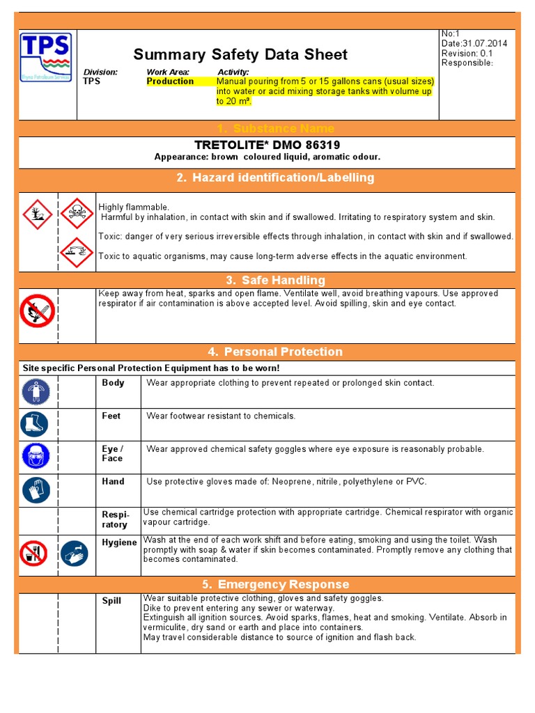 Safety Data Sheet for Manual Pouring of TRETOLITE DMO 86319 Liquid from ...