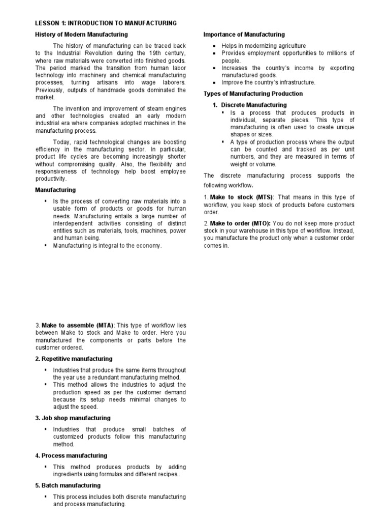 Lesson 1: Introduction To Manufacturing History of Modern Manufacturing ...