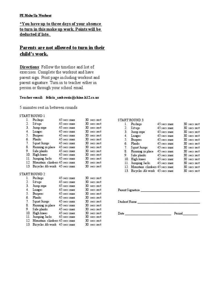 PE Make Up Workout Absence Injury 21-22 | PDF | Weight Training ...