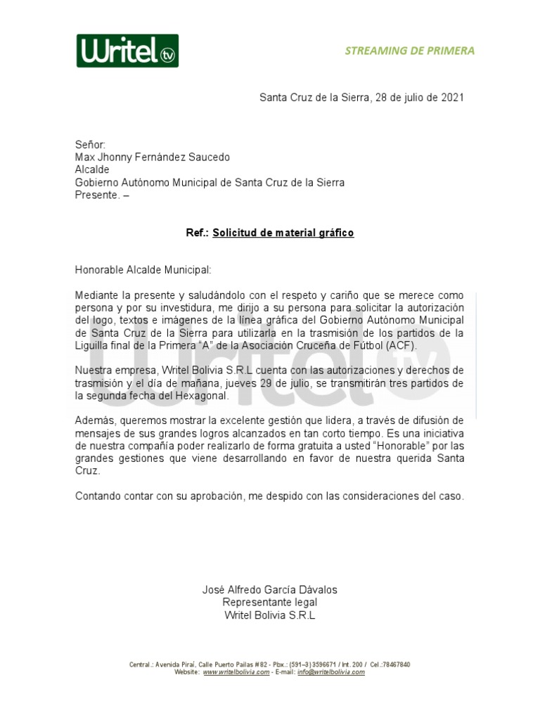 Carta Solicitud - Honorable Alcalde Del GAMSCZ | PDF