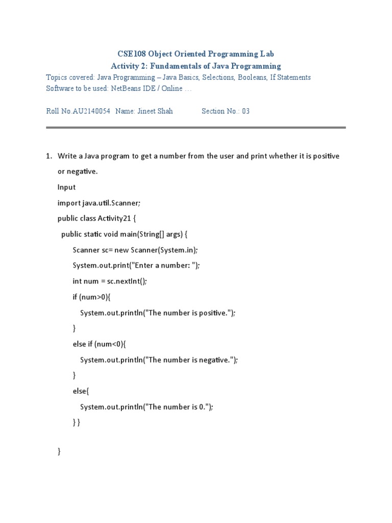 Cse108 Object Oriented Programming Lab Activity 2 Fundamentals Of Java Programming Pdf 3590