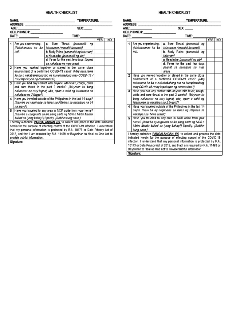 Health Checklist Health Checklist | PDF | Metro Manila | Microbiology