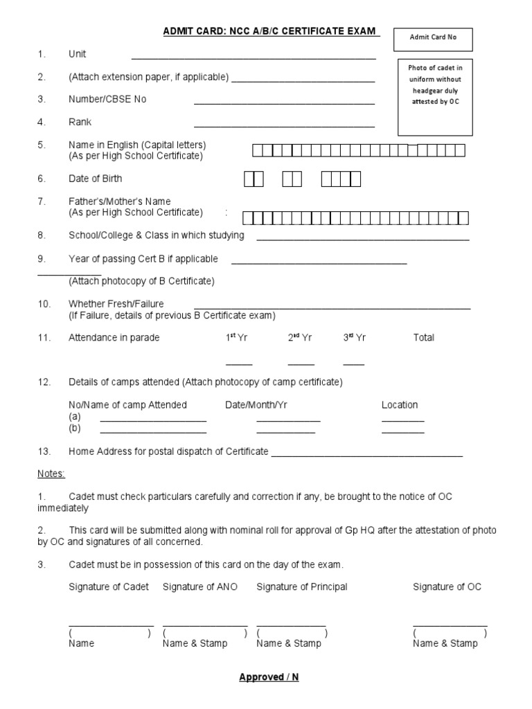 Admit Card: NCC A/B/C Certificate Exam: Admit Card No Photo of Cadet in ...