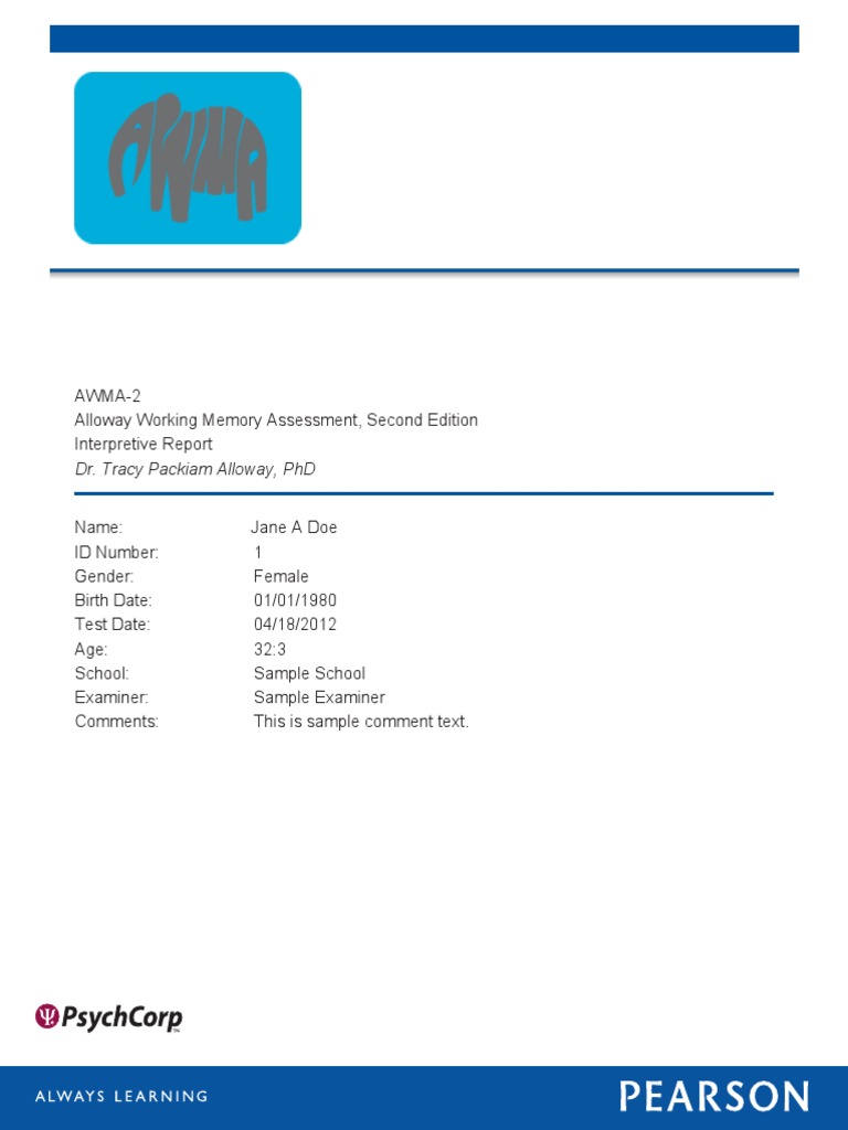 AWMA2 Sample Report | PDF | Working Memory | Memory