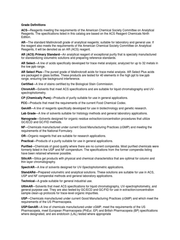 Chemical Grades and Definitions Guide | PDF | Chromatography | Reagent