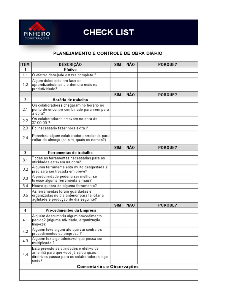Check list diário para planejamento e controle de obras e atividades administrativas | PDF