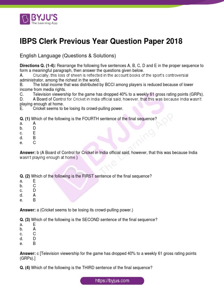 IBPS Clerk Previous Year Question Paper 2018: English Language ...