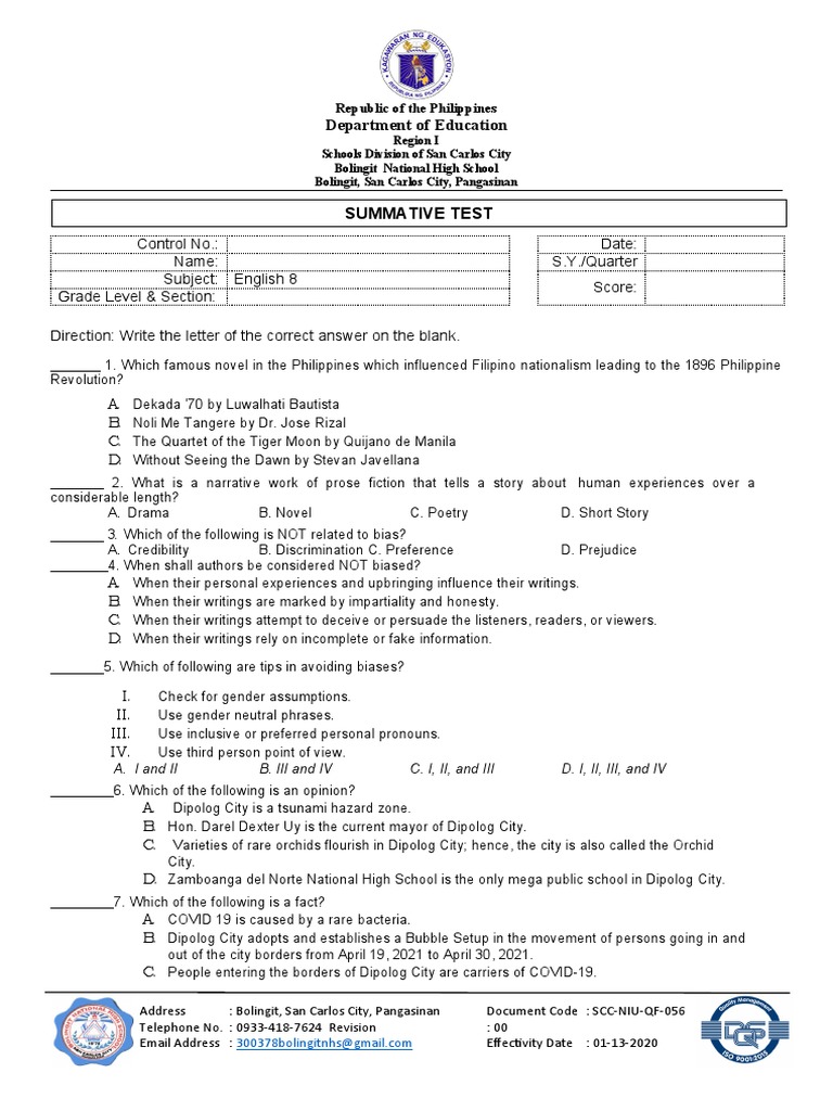 3q Summative Test English 8 | PDF