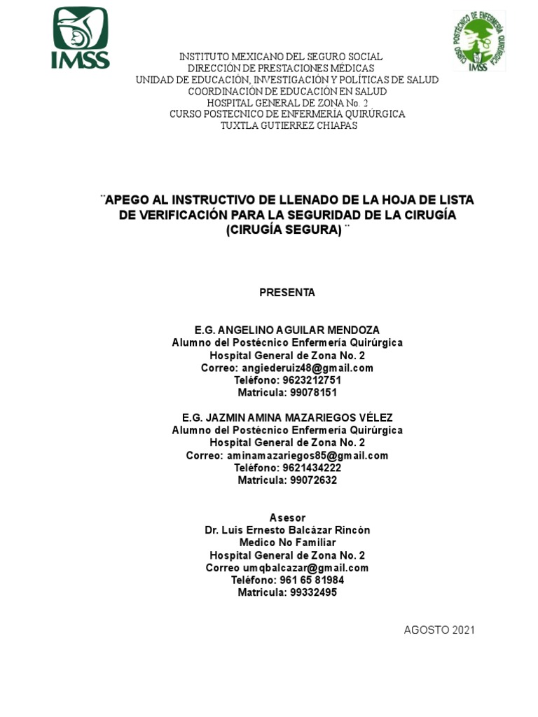 Apego Al Llenado De La Hoja De Cirugía Segura Pdf Cirugía