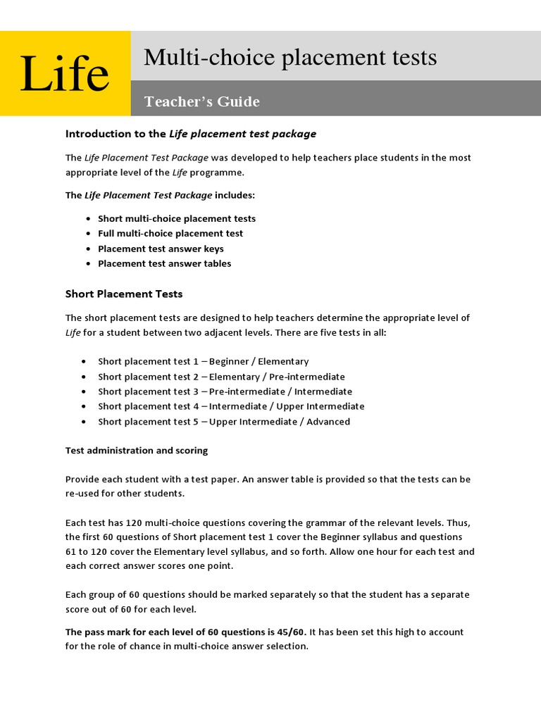 Life Placement Tests Teacher's Guide | PDF | Multiple Choice ...