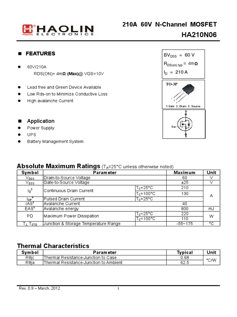 Datasheet Mosfet Ha210n06 | PDF | Field Effect Transistor | Diode