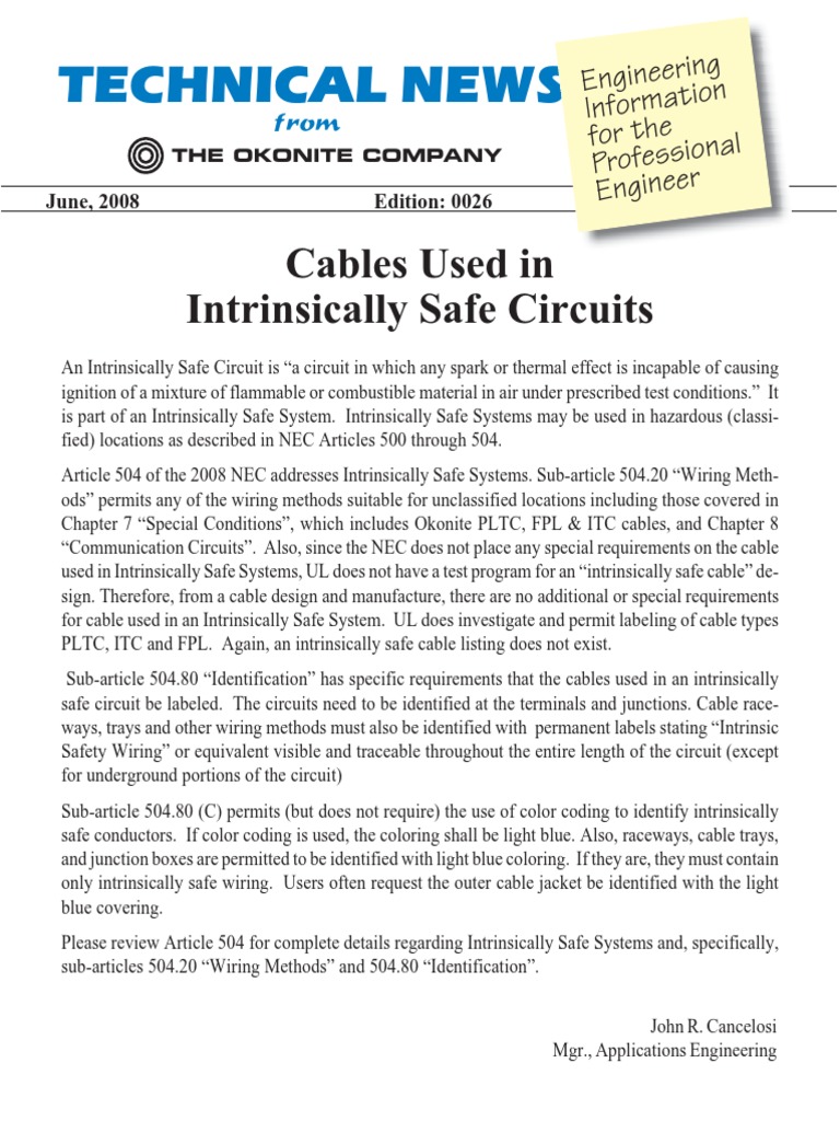 Technical News: Cables Used in Intrinsically Safe Circuits | PDF ...