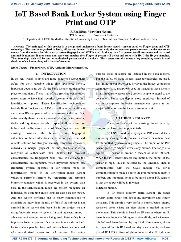Iot Based Bank Locker System Using Finger Print and Otp: R.Reddirani ...