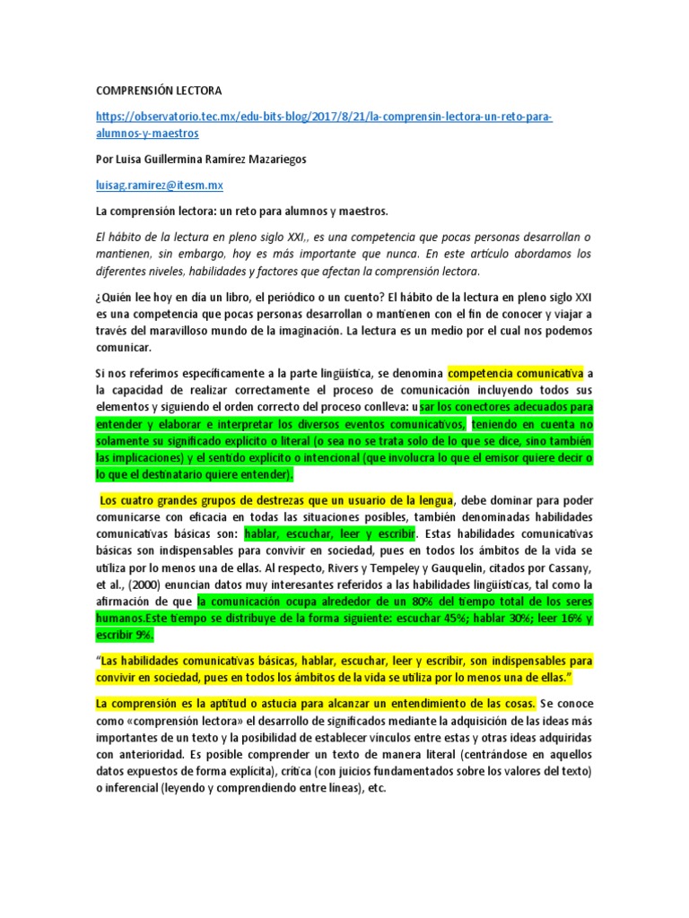 COMPRENSIÓN LECTORA-investigar | PDF | Comprensión lectora | Cognición