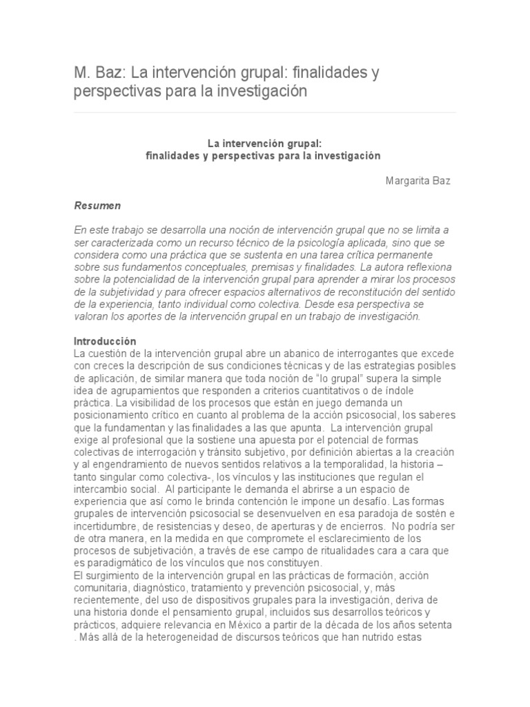 Intervención grupal: enfoques y desafíos | PDF | Subjetividad | Sicología