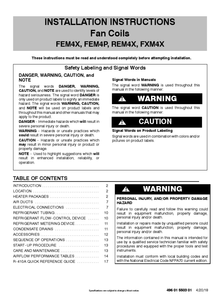 Installation Instructions Fan Coils: Fem4X, Fem4P, Rem4X, Fxm4X | PDF ...