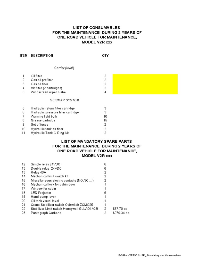 Spare Parts List Complete | PDF | Switch | Pump