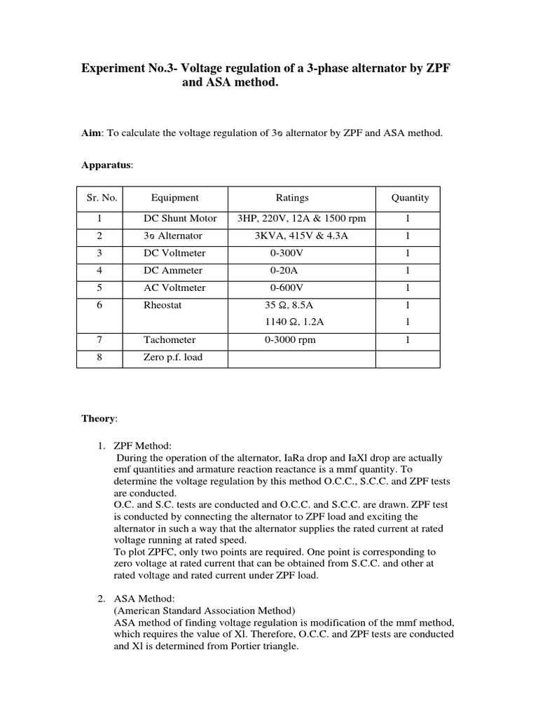 Experiment No.3-Voltage Regulation of A 3-Phase Alternator by ZPF and ...
