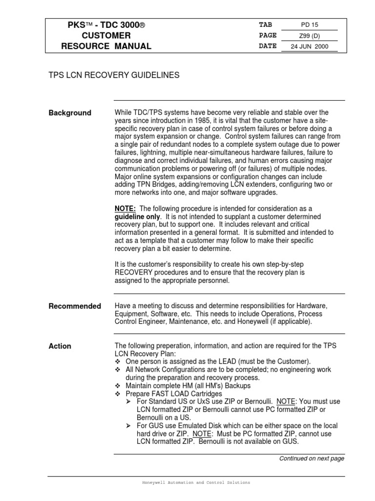 PKS - TDC 3000 Customer Resource Manual: Tps LCN Recovery Guidelines ...