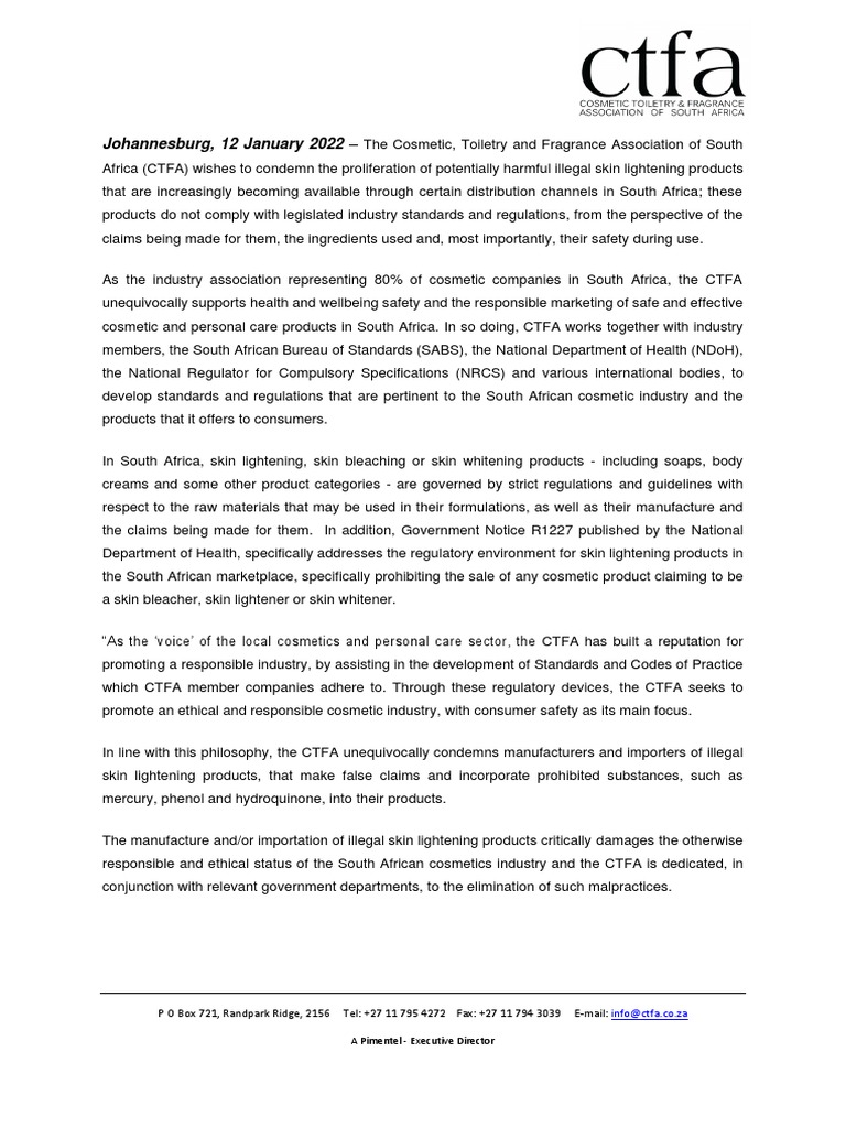 Position Sttement CTFA - Skin Lightening - Jan 2022 | PDF | Cosmetics