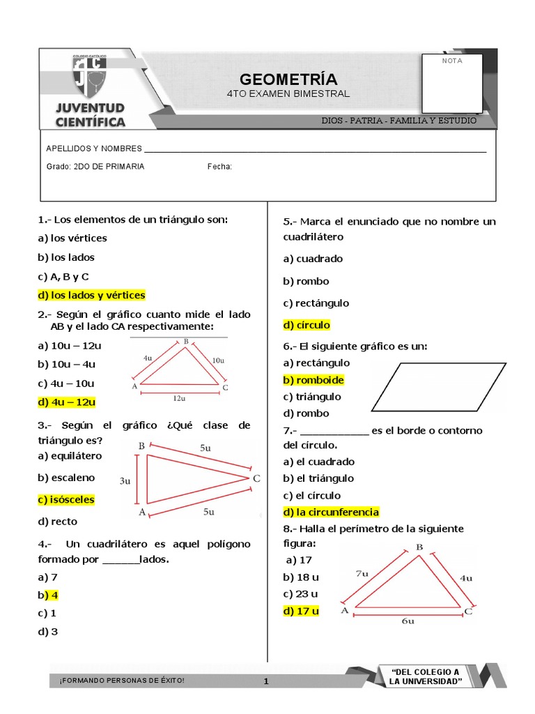 Examen de Geometría 2do Prim | PDF | Triángulo | Rectángulo