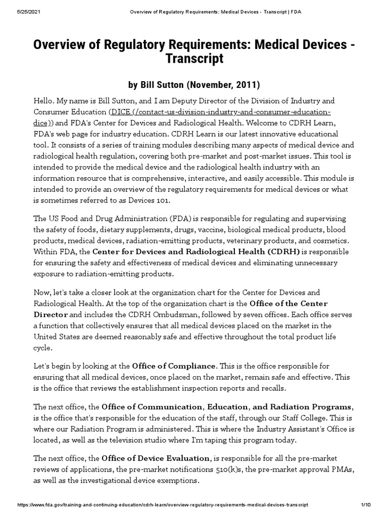 Overview of Regulatory Requirements - Medical Devices - Transcript ...