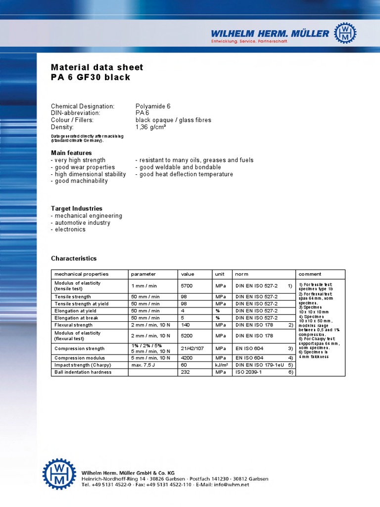 Material Data Sheet PA 6 GF30 Black: Main Features | PDF | Strength Of ...