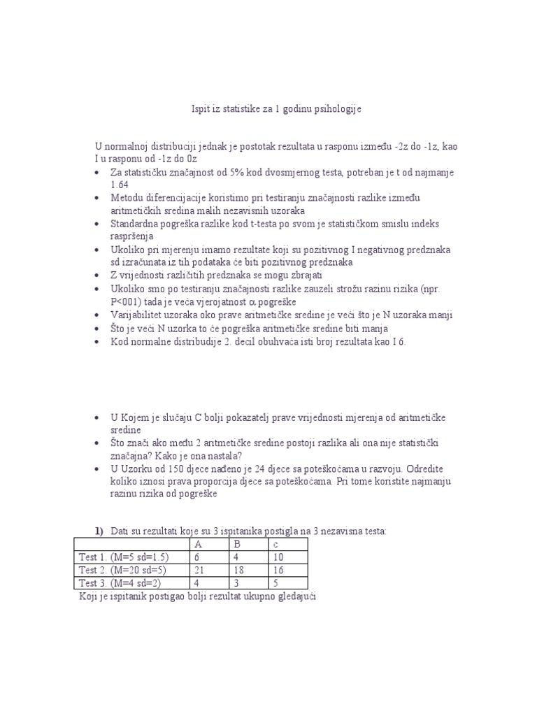 Ispit Iz Statistike Za 1 Godinu Psihologije | PDF