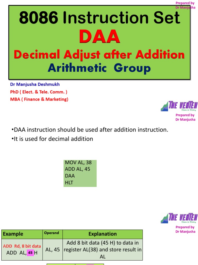 8086 Instruction Set: Decimal Adjust After Addition | PDF | Binary Coded Decimal | Computer ...