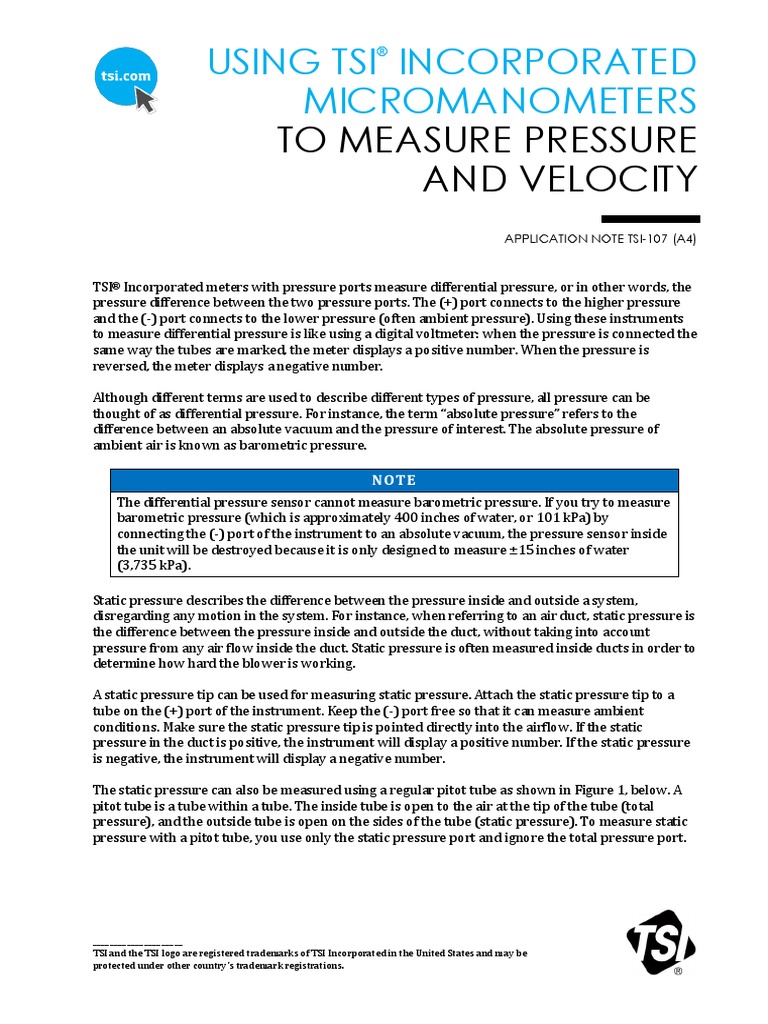 Using Tsi Incorporated Micromanometers: To Measure Pressure and Velocity | PDF | Pressure ...