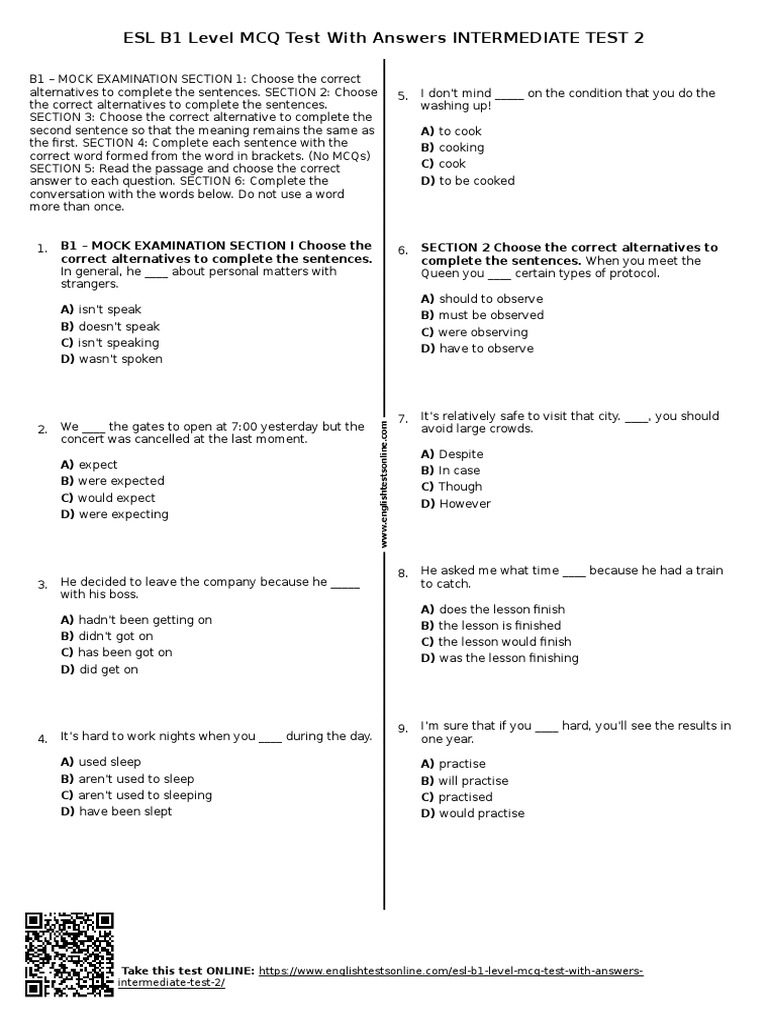 681 Esl b1 Level MCQ Test With Answers Intermediate Test 2 | PDF ...